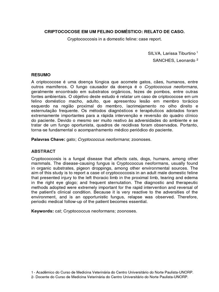 Criptococose em Felino: Relato de Caso | PDF | Gatos | Medicina Veterinária