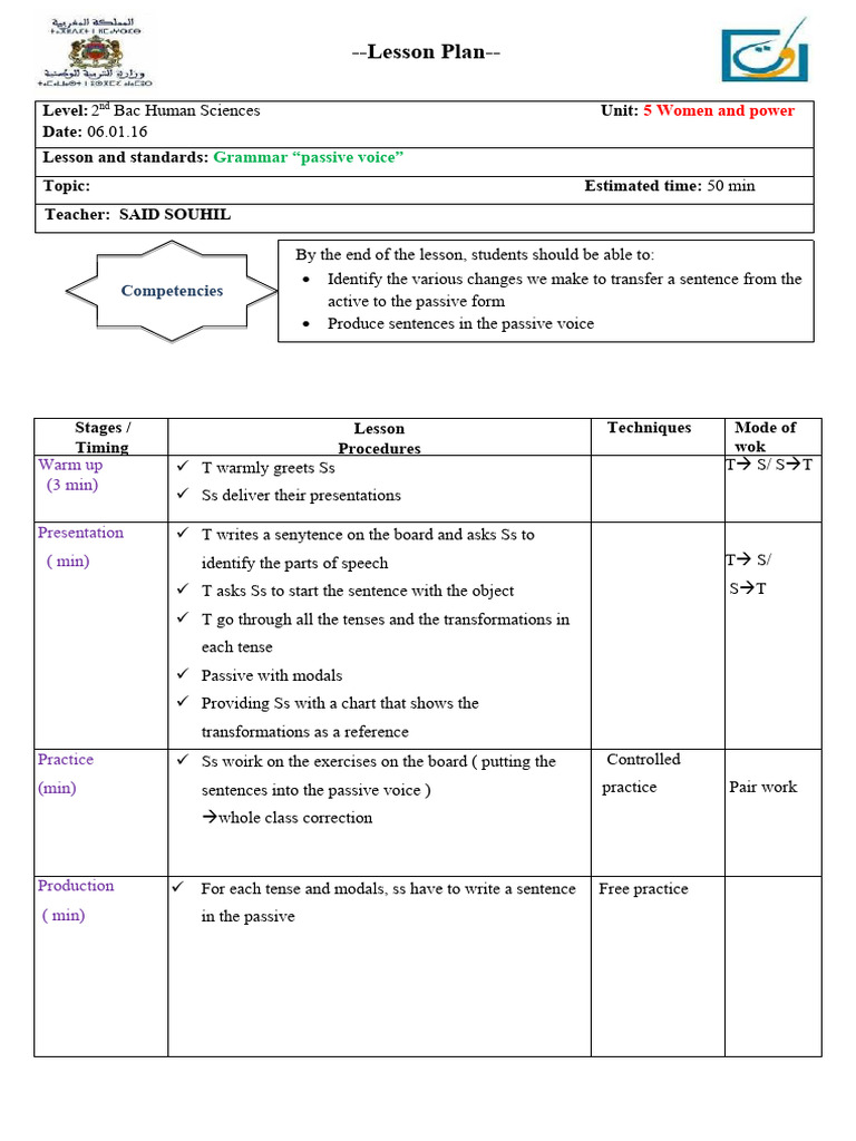 Ticket LP U.5 Grammar Passive Voice Lesson Plan 2bac | PDF