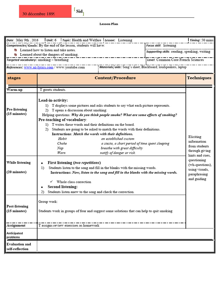 Unit-6-Health-CC-Listening-Song-lesson-plan-lesson Plan | PDF | Lesson Plan | Vocabulary