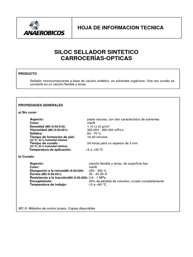 Hoja - Tecnica - Sellador Sintetico Carrocerias Pticas | PDF | Materiales | Ciencias fisicas