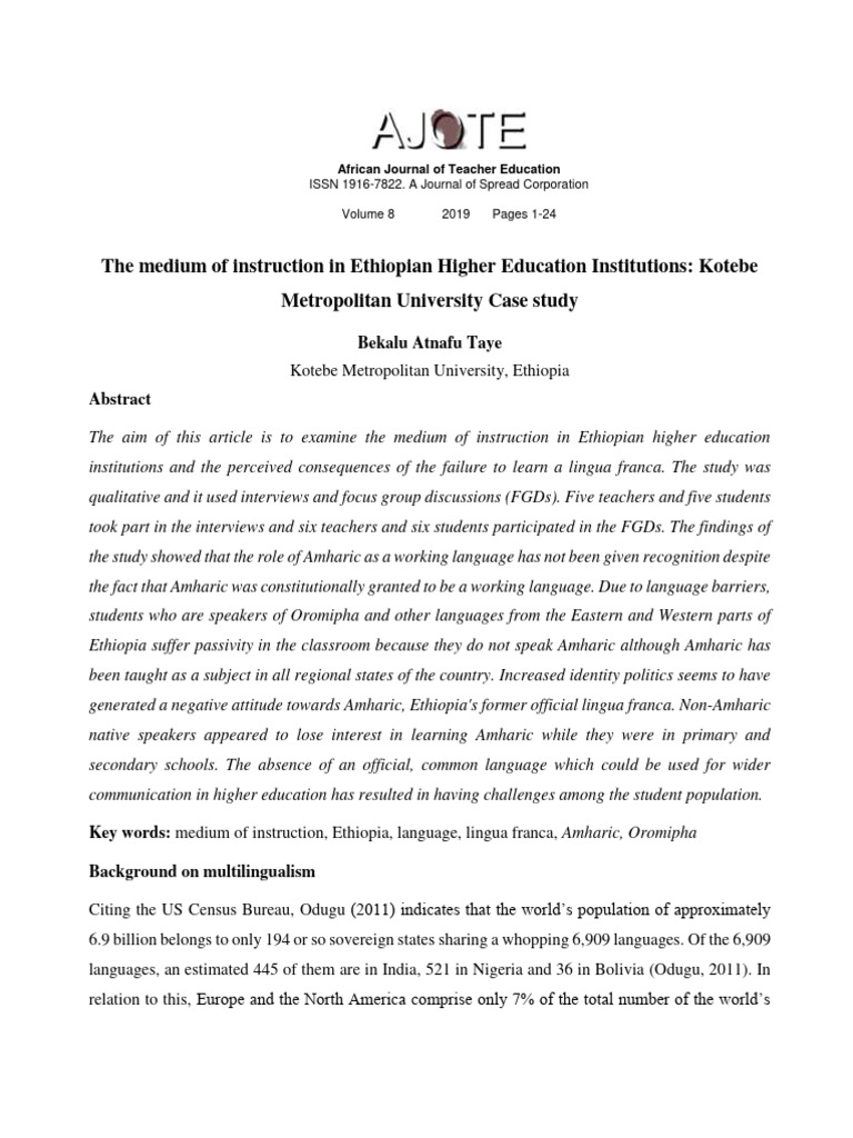 Medium of Instruction at Kotebe University | PDF | Ethiopia ...