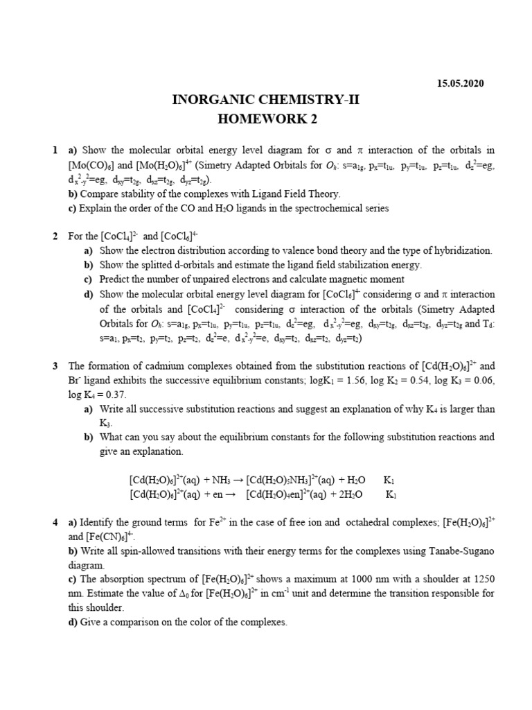 Inorganic Chemistry Homework on Complexes | PDF | Coordination Complex ...