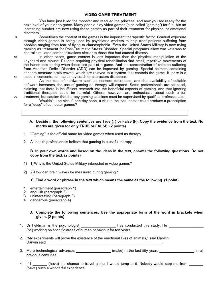 Video Game Treatment | PDF | Mental Disorder | Psychotherapy