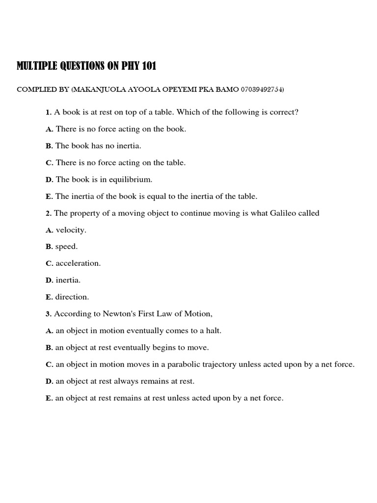 Phy 101 Past Questions by Adebayo Bim's 08112601259 God Bled | PDF | Buoyancy | Light