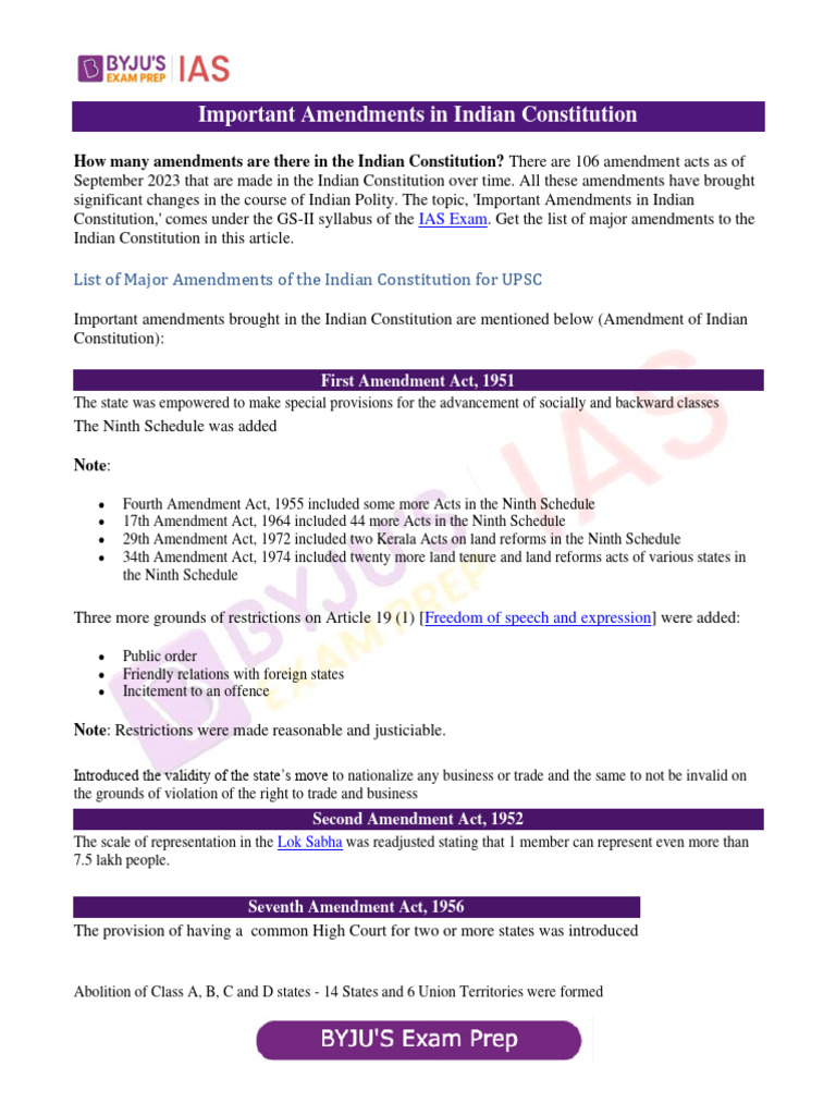 Important Amendments in Indian Constitution | PDF | Justice | Crime ...