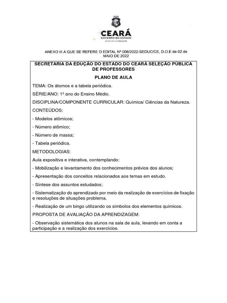 Plano de Aula QUIM - JOSÉ CLAÚDIO | PDF