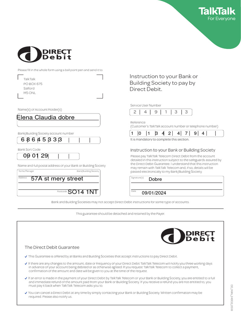 Direct Debit Mandate for TalkTalk | PDF | Debit Card | Service Industries