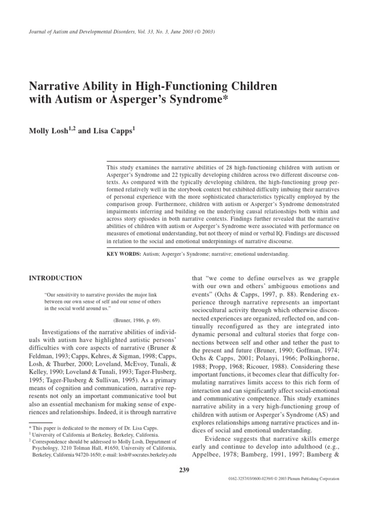 Narrative Ability in High-Functioning Children With Autism or Asperger's Syndrome | PDF | Autism ...