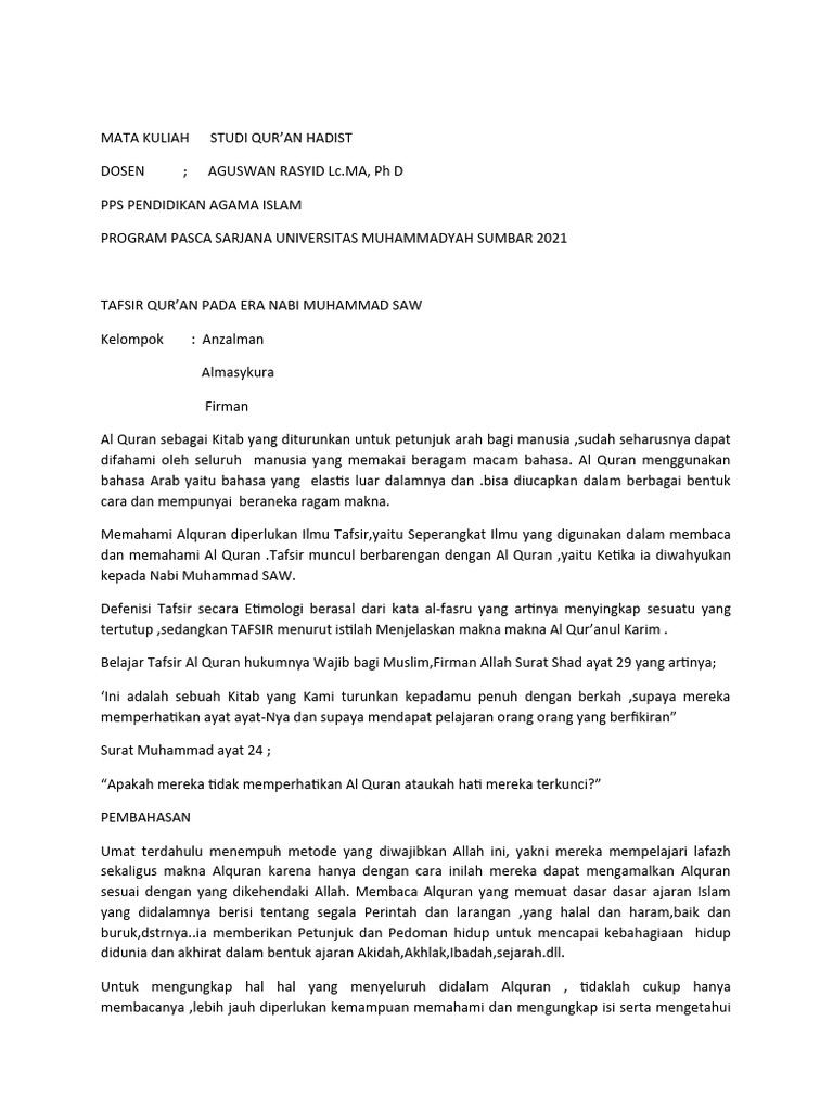 Tafsir Al-Qur'an di Era Nabi Muhammad | PDF | Filsafat