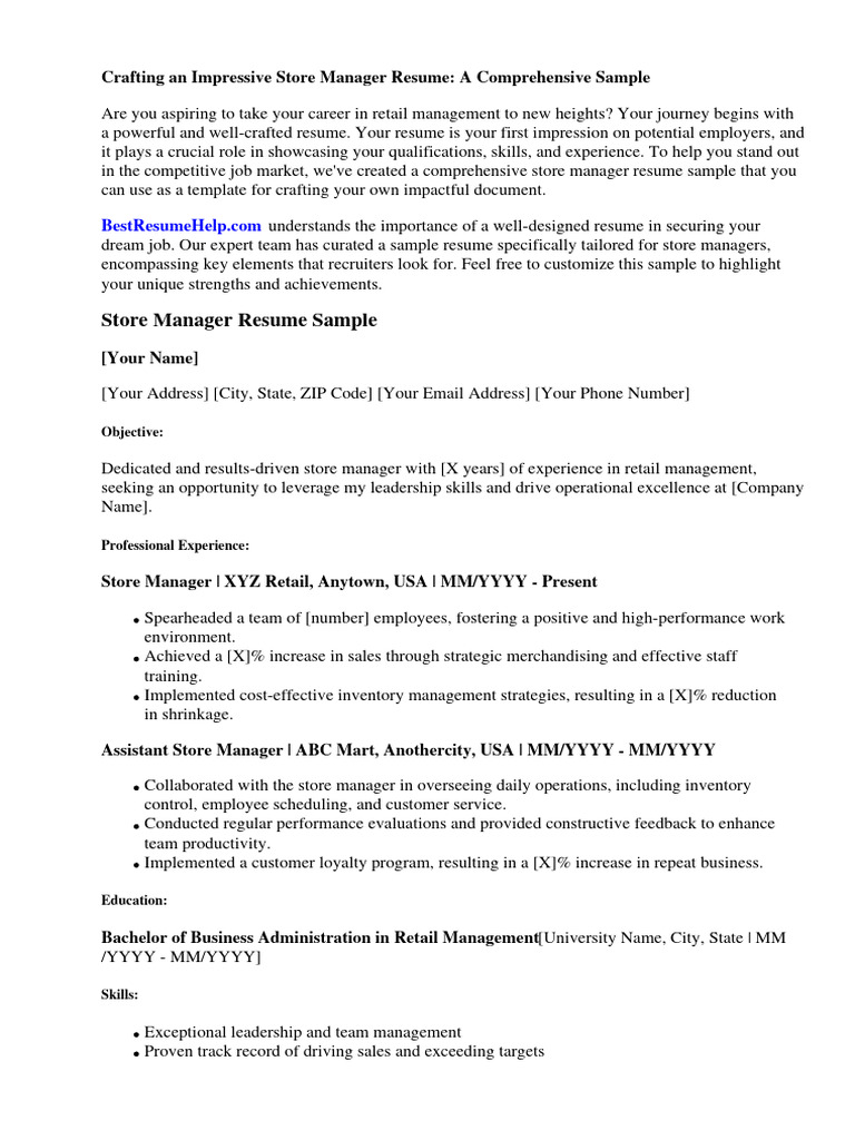 Store Manager Resume Sample | PDF | Retail | Sales
