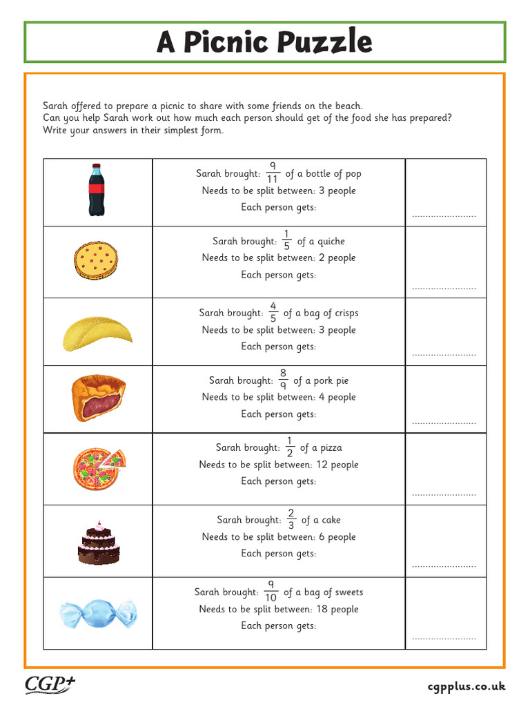 Dividing Fractions, A Picnic Puzzle (Year 6) Printer Friendly_M2WAT323 ...