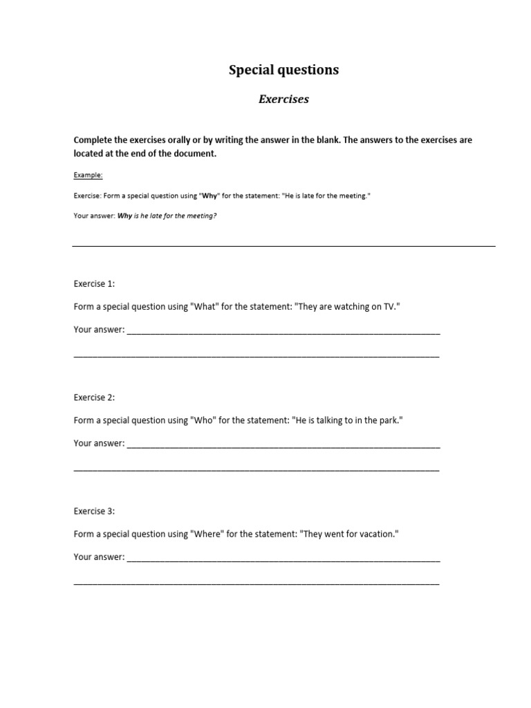 Special Questions Exercises | PDF | Question