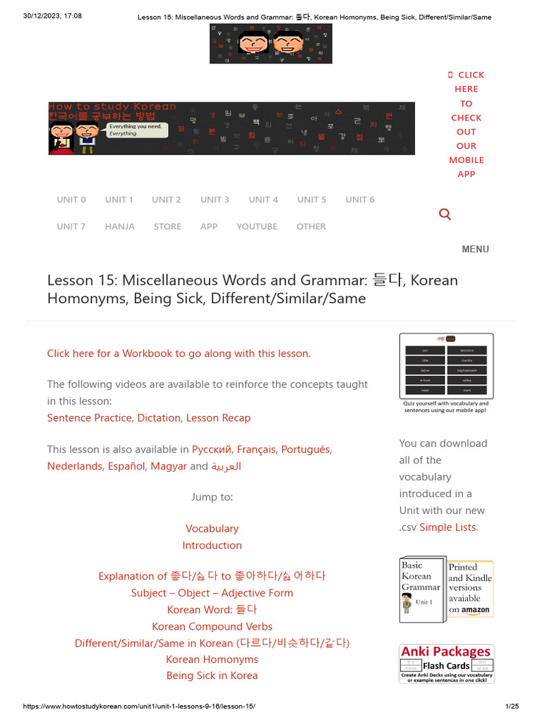Lesson 15 - Miscellaneous Words and Grammar - 들다, Korean Homonyms, Being Sick, Different ...