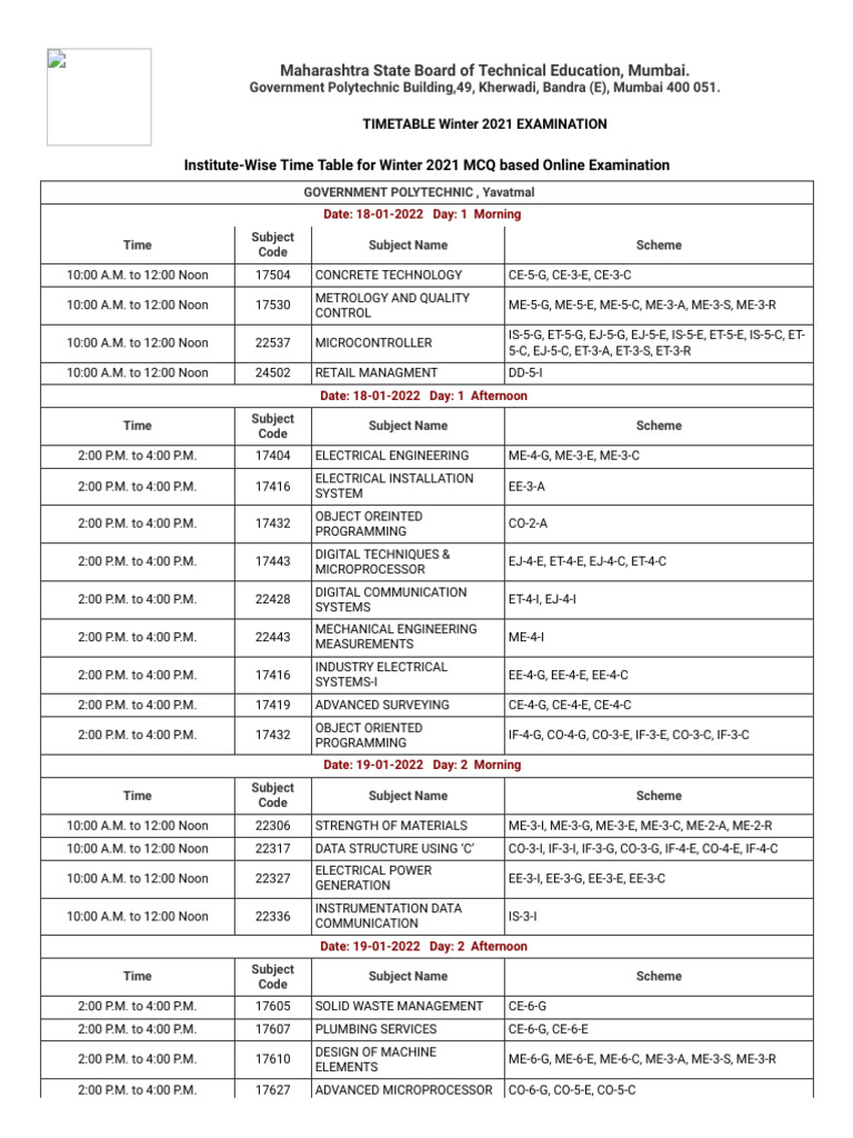 MCQ Based Online Examination MSBTE Time Table For Winter 2021 Examination | PDF | Engineering ...