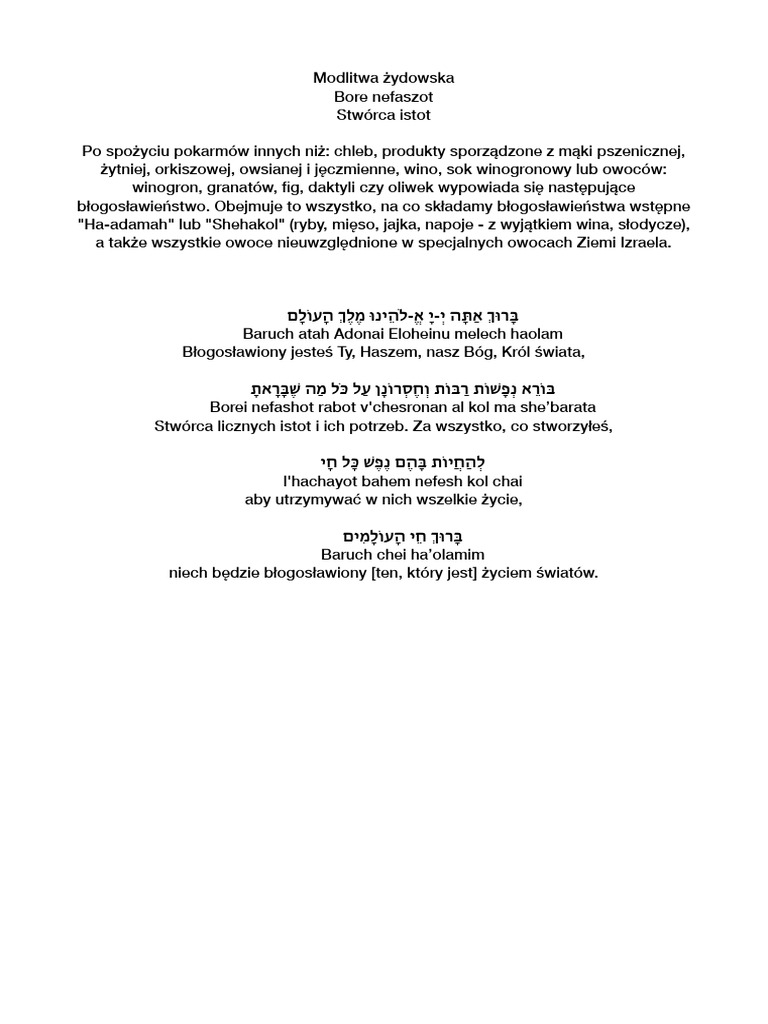Modlitwa żydowska Bore Nefashot בורא נפשות Tłumaczenie i transliteracja ...