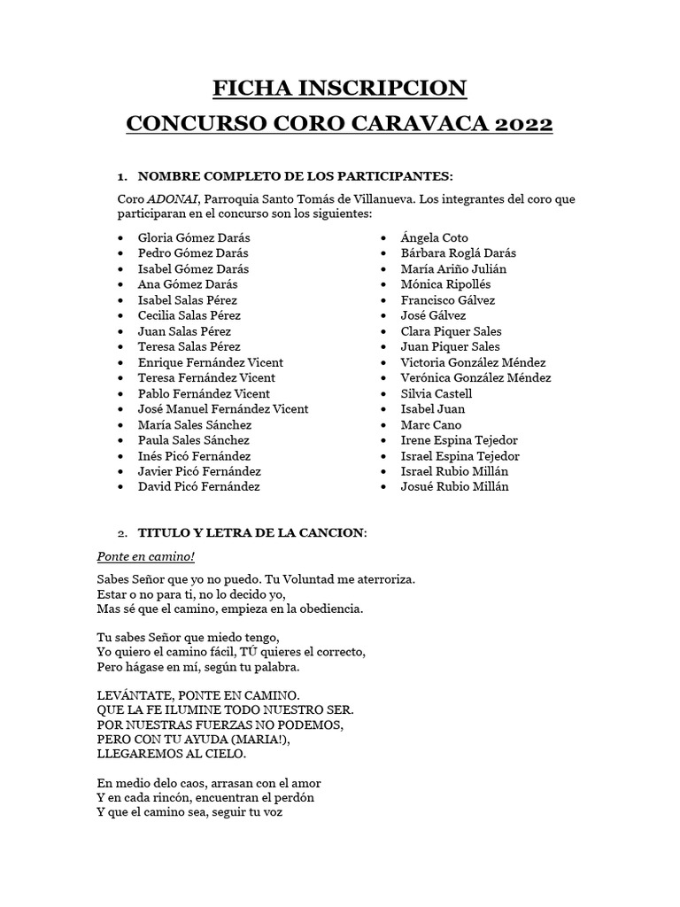 FICHA INSCRIPCION - CONCURSO CORO CARAVACA | PDF | María, madre de Jesús | Intercesión