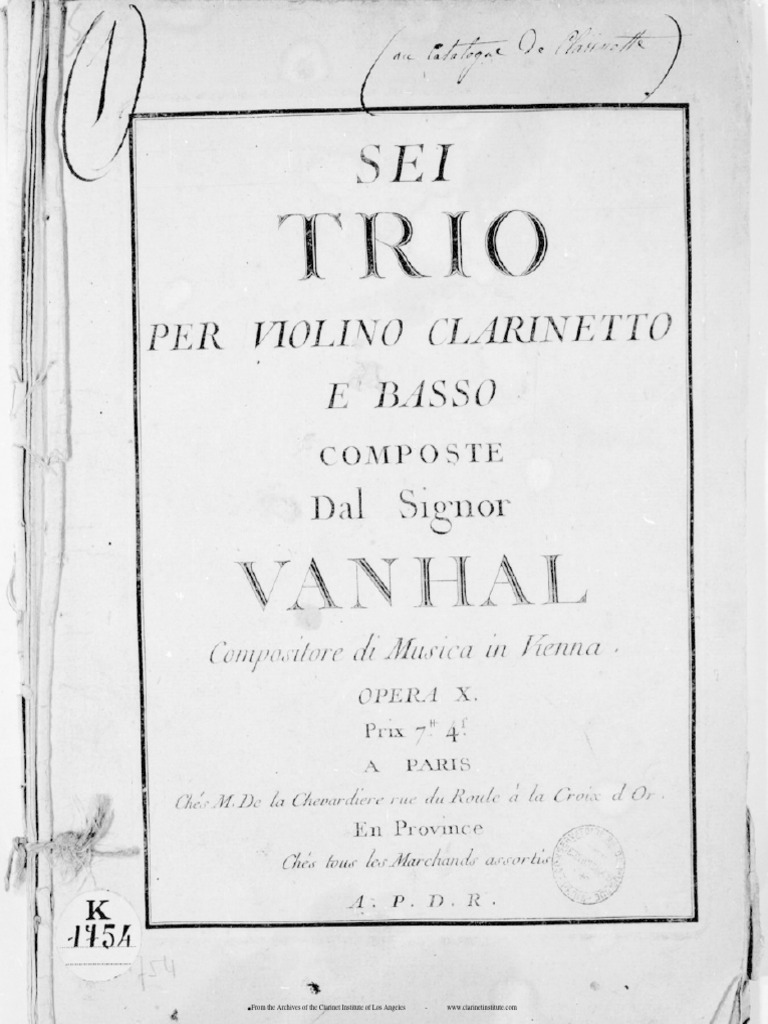 (Clarinet Institute) Vanhal, Johann Baptist - 6 Trios, Op.10 (CL, VLN ...