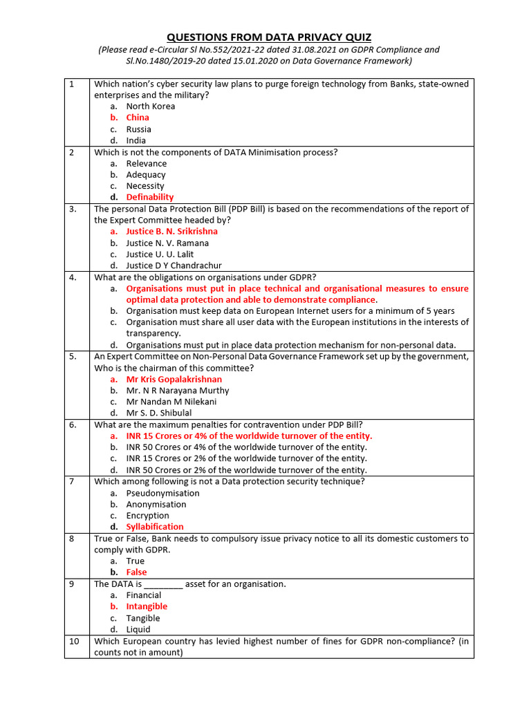 Questions From Data Privacy Quiz 03-02-2022 | PDF | Information Privacy ...