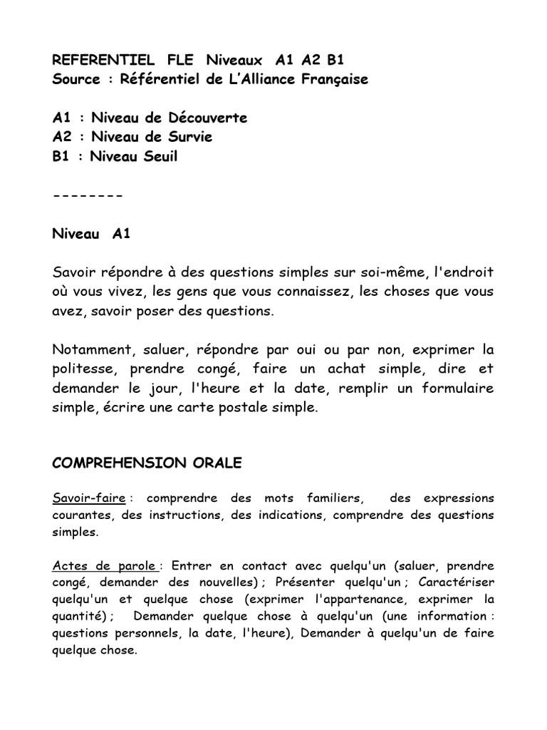REFERENTIEL FLE Niveau A1 A2 B1 | PDF | Verbe | Linguistique