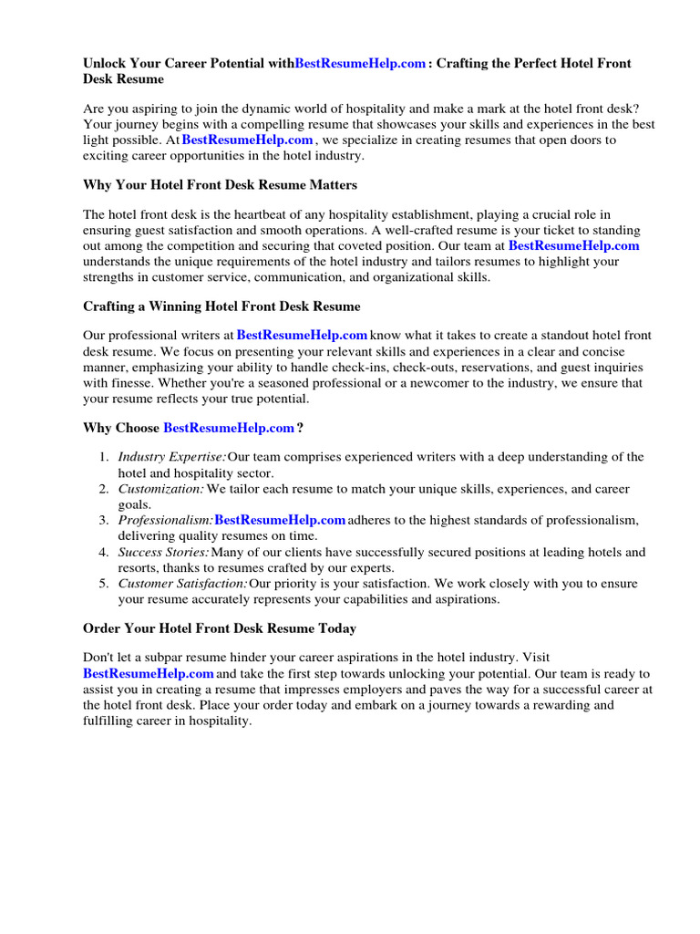 Hotel Front Desk Job Description Resume | PDF | Résumé | Point Of Sale