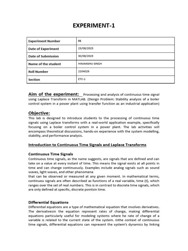 SP Lab Exp1 | PDF | Laplace Transform | Discrete Time And Continuous Time