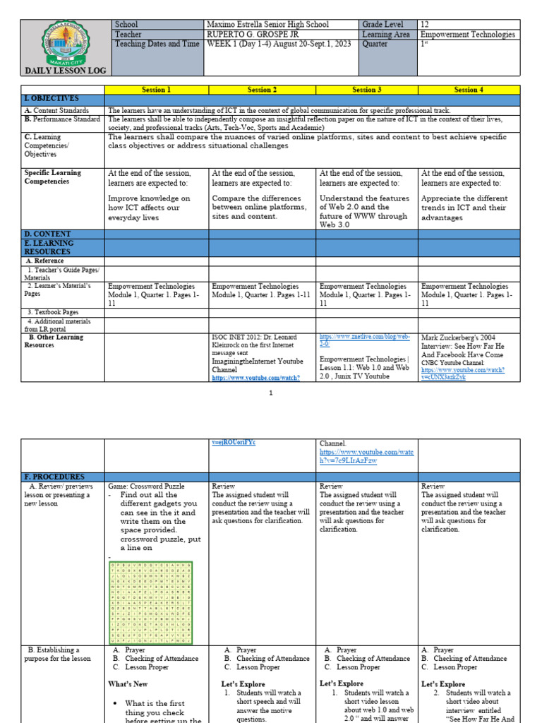 Empowerment Tech Lesson Plan for Grade 12 | PDF | Educational Technology | World Wide Web