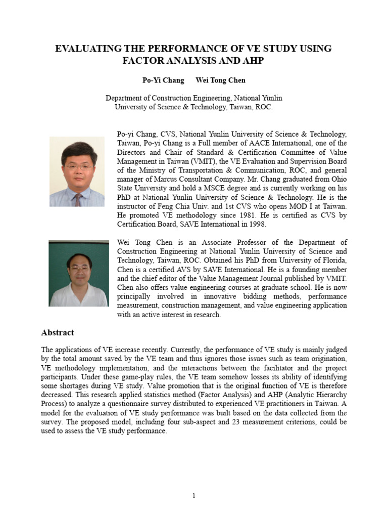 Evaluating The Performance of Ve Study Using Factor Analysis and Ahp | Download Free PDF ...