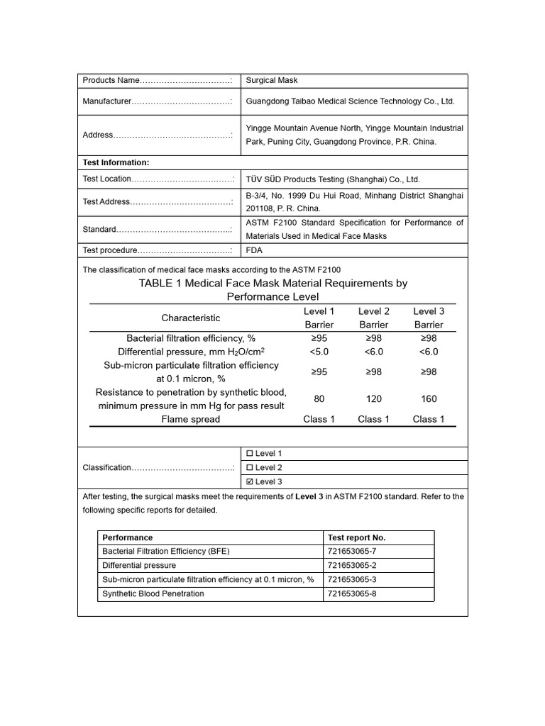 ASTM-F2100-Test Report (Taibao-Surgical Mask) | PDF | Safety | Personal ...
