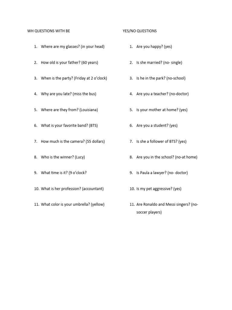 WH Questions With Be | PDF