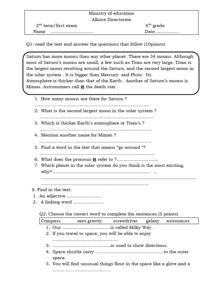 8th Grade.2nd Term.1st Exam | PDF | Natural Satellite | Saturn