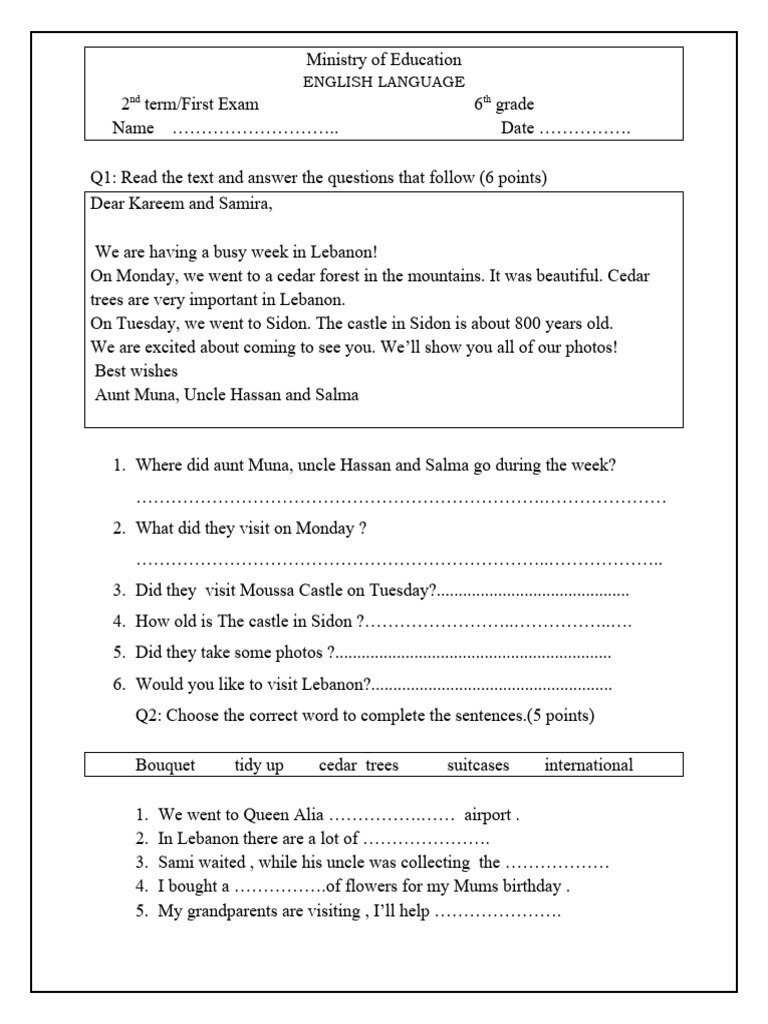 Grade 6 English Term 2 Exam Sample | PDF