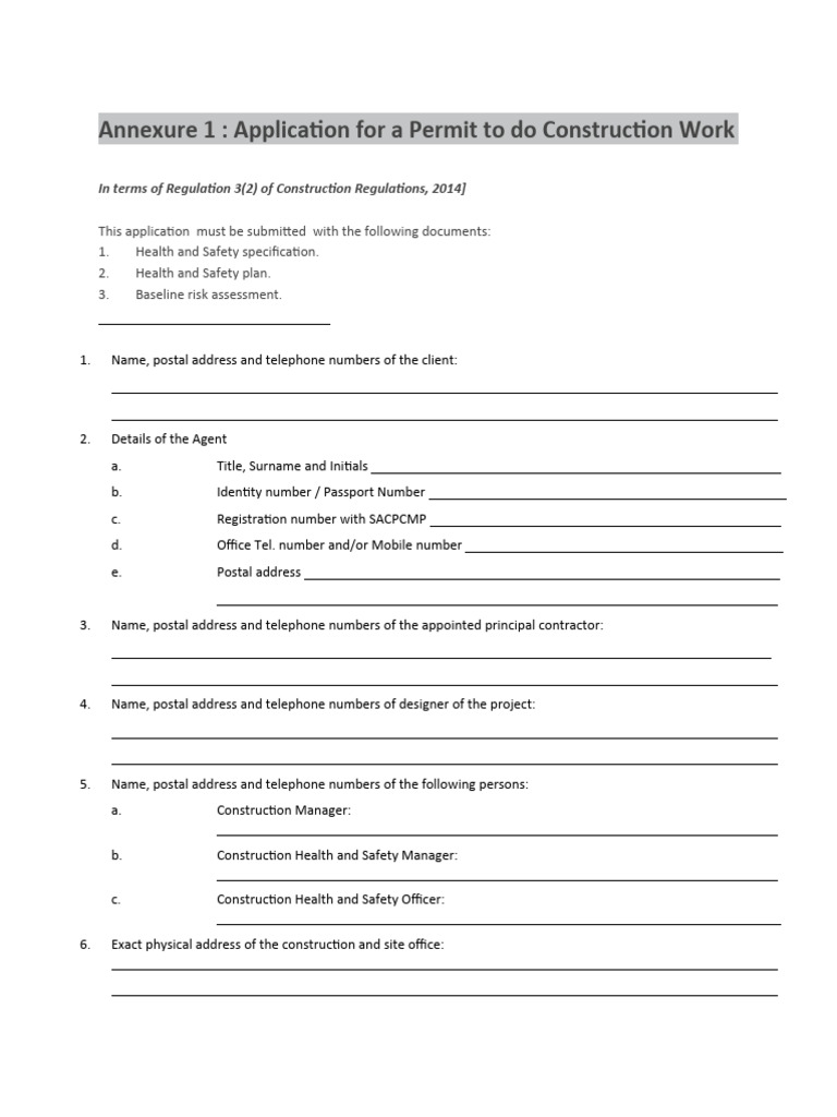 03.1 Annexure 1 Application For A Permit To Do Construction Work | PDF