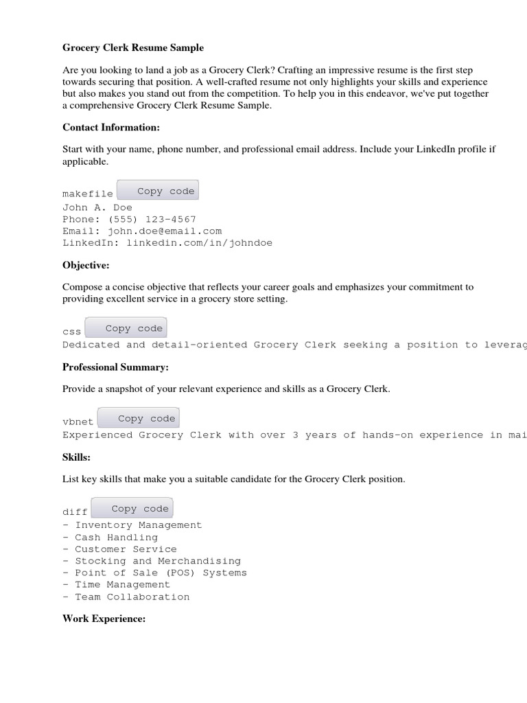 Grocery Clerk Resume Sample | Download Free PDF | Point Of Sale | Logistics