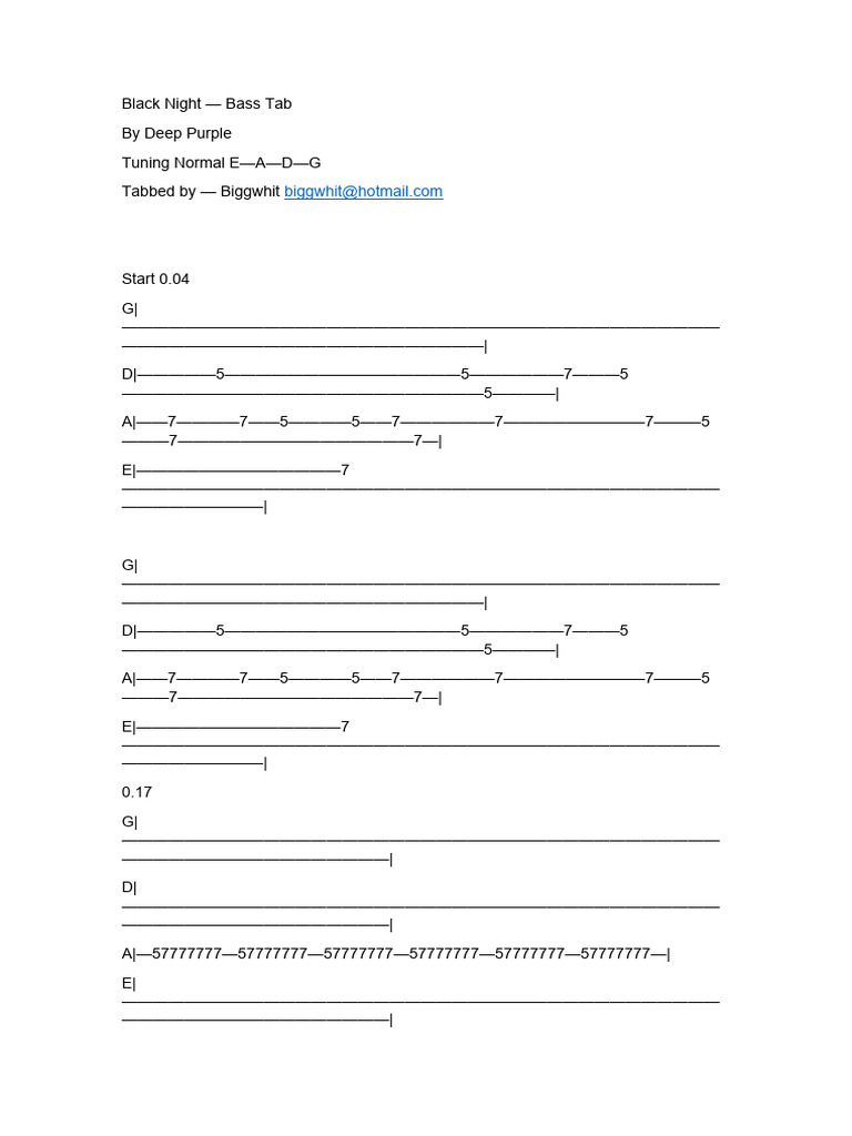 Deep Purple - Black Night - Bass Tab | PDF