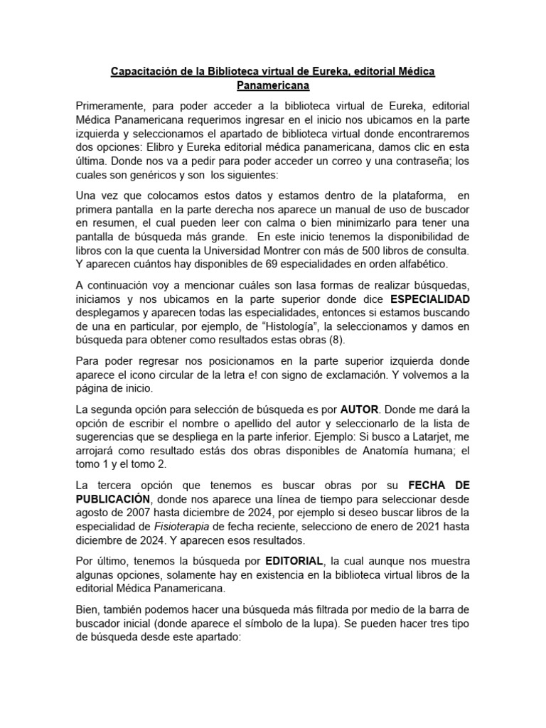 Capacitación de La Biblioteca Virtual de Eureka - Panamericana | PDF | Palabra | Contraseña