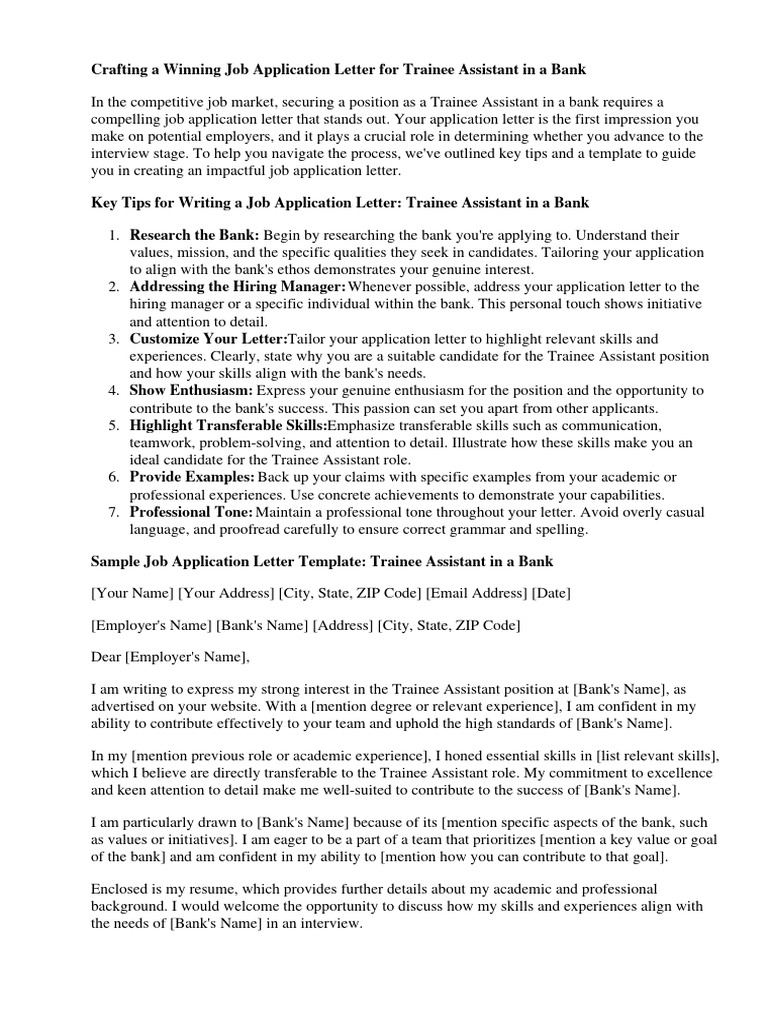 Job Application Letter for Trainee Assistant in Bank | PDF | Résumé ...