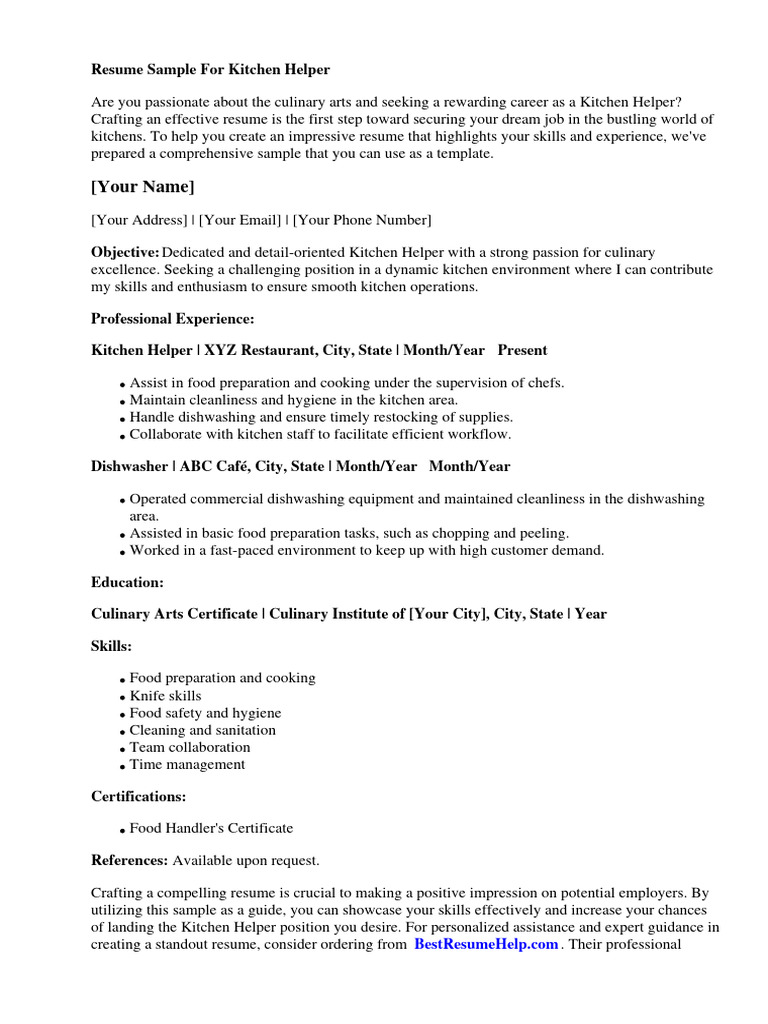 Kitchen Helper Resume Guide | PDF | Kitchen | Chef