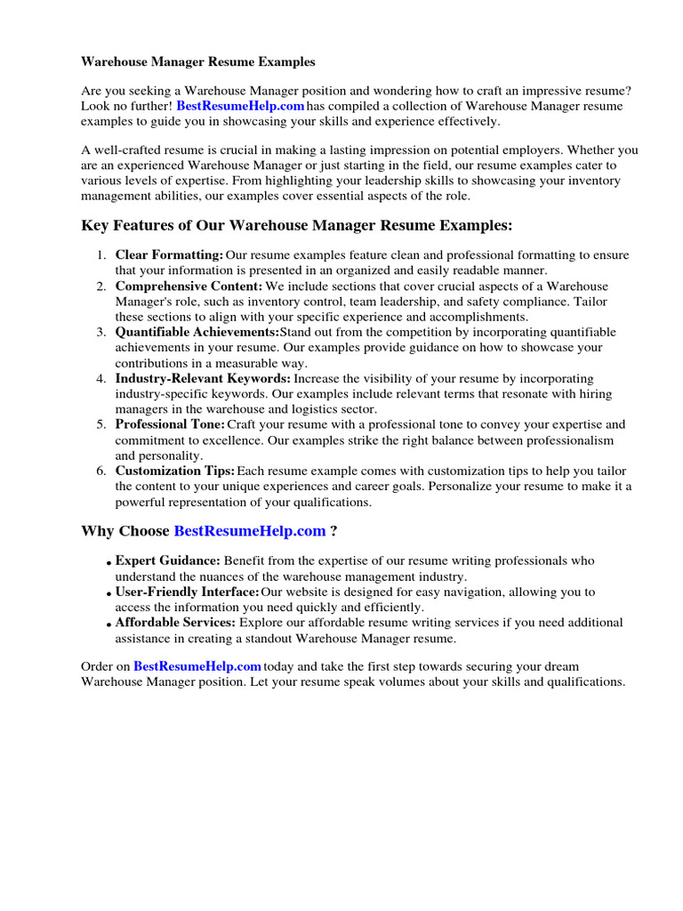 Warehouse Manager Resume Examples | PDF | Warehouse | Inventory
