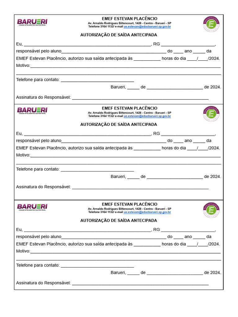 AUTORIZAÇÃO DE SAÍDA ANTECIPADA de Escola | PDF