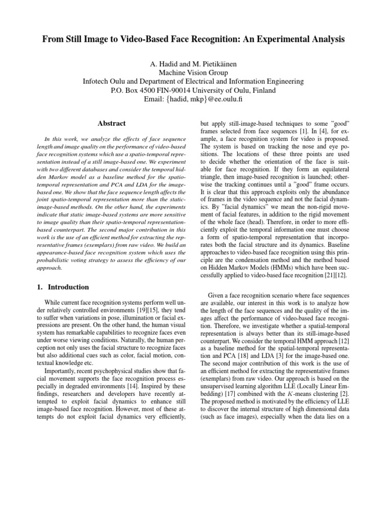 From Still Image To Video-Based Face Recognition: An Experimental Analysis | PDF | Principal ...