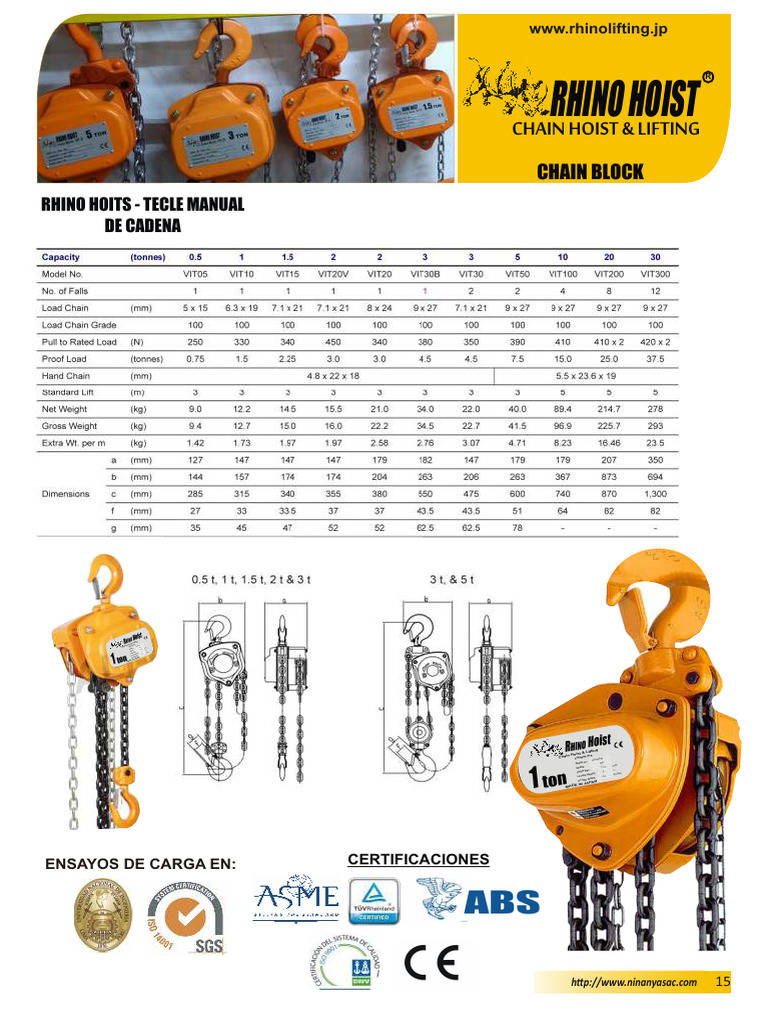Ficha Técnica Tecle Manual Vit-II Rhino Hoist | PDF
