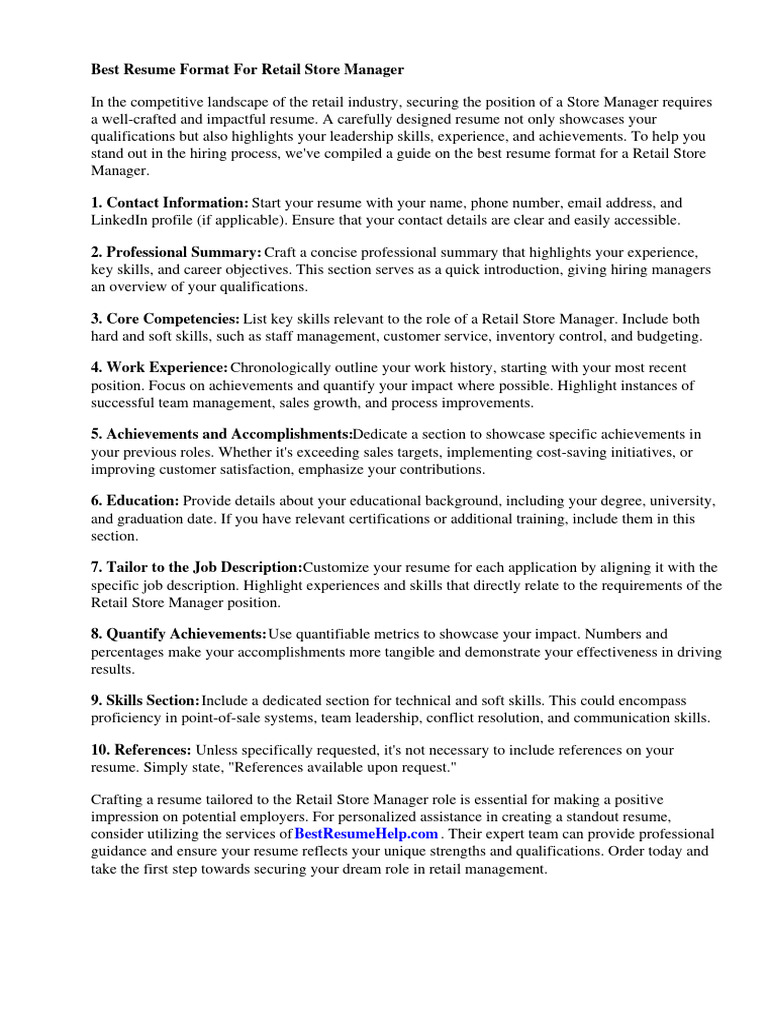 Best Resume Format For Retail Store Manager | PDF | Résumé | Sales