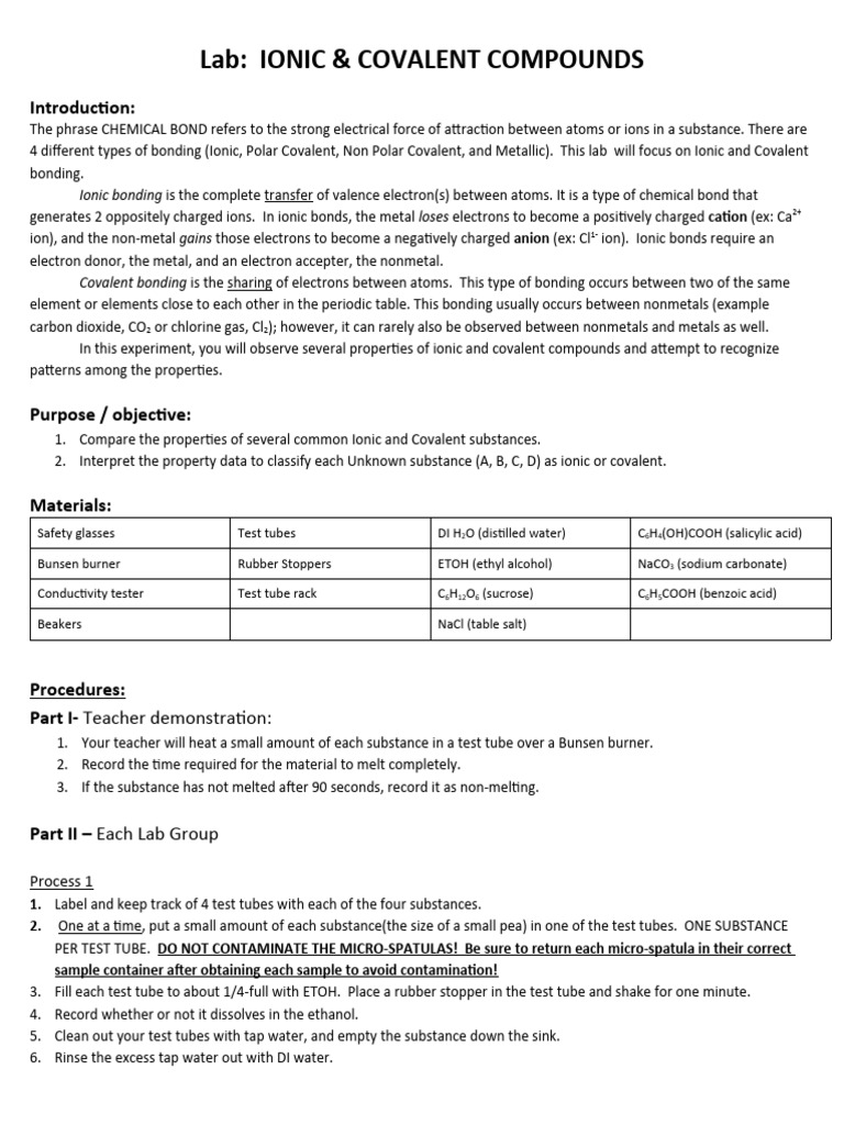 Ionic Covalent LAB | PDF | Ion | Ionic Bonding
