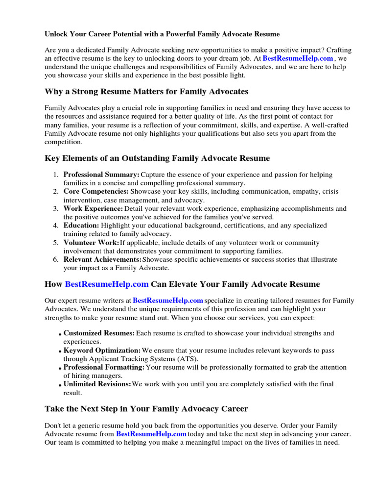 Family Advocate Resume Sample | Download Free PDF | Résumé | Mental Health