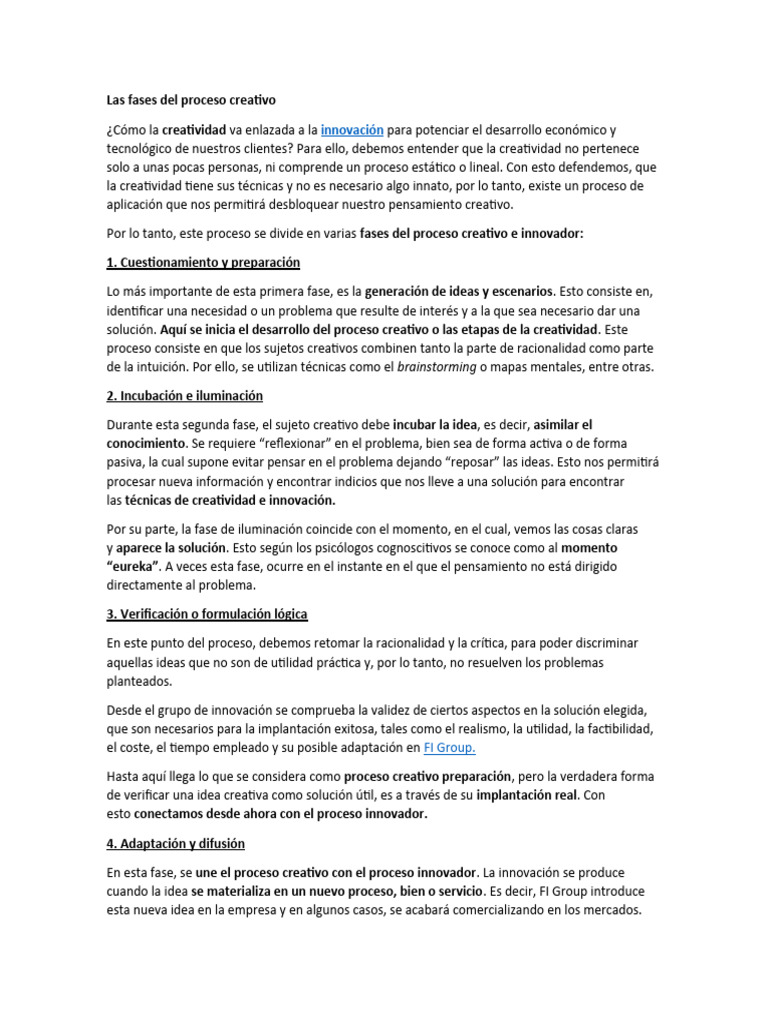 Las Fases Del Proceso Creativo | PDF | Creatividad | Pensamiento Las Fases Del Proceso Creativo | PDF | Creatividad | Pensamiento