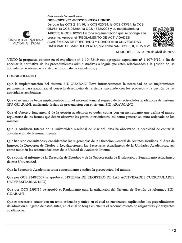 OCS 092 22 Reglamento Actividades Academicas | PDF | Educación más alta