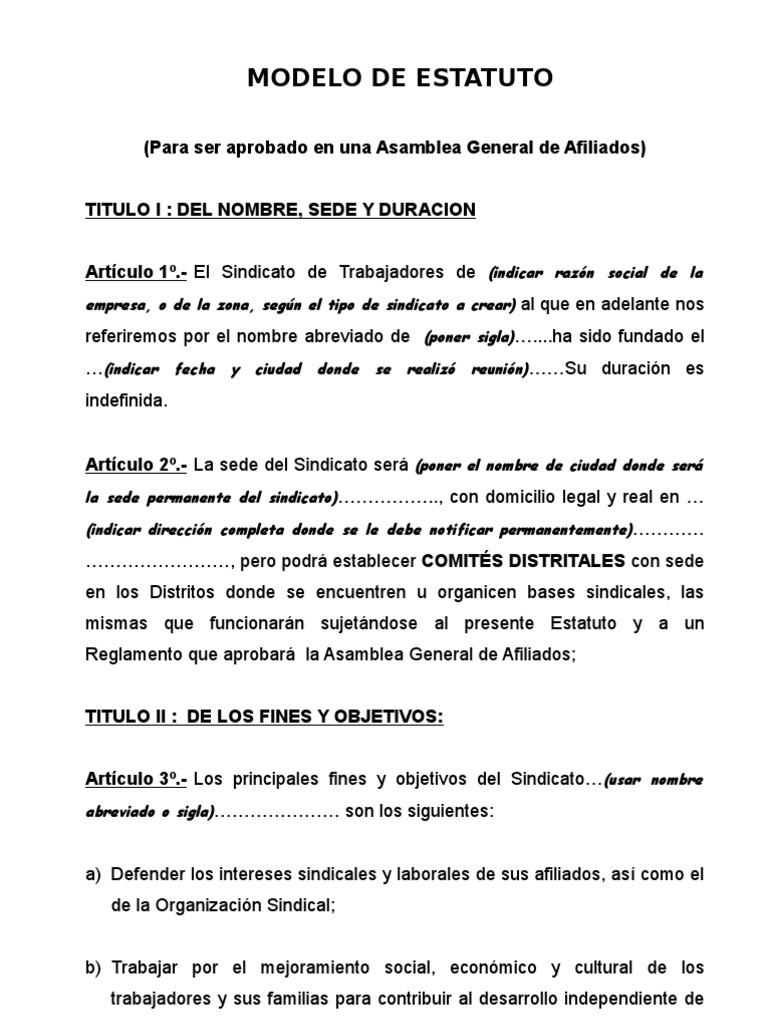 Modelo de Estatuto | PDF | Sindicato | Junta Directiva