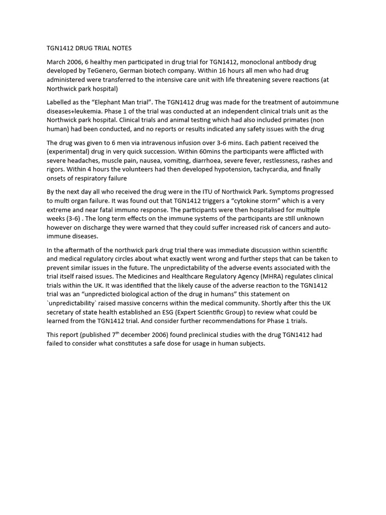 TGN1412 Drug Trial: A Cautionary Tale | PDF | Diseases And Disorders ...