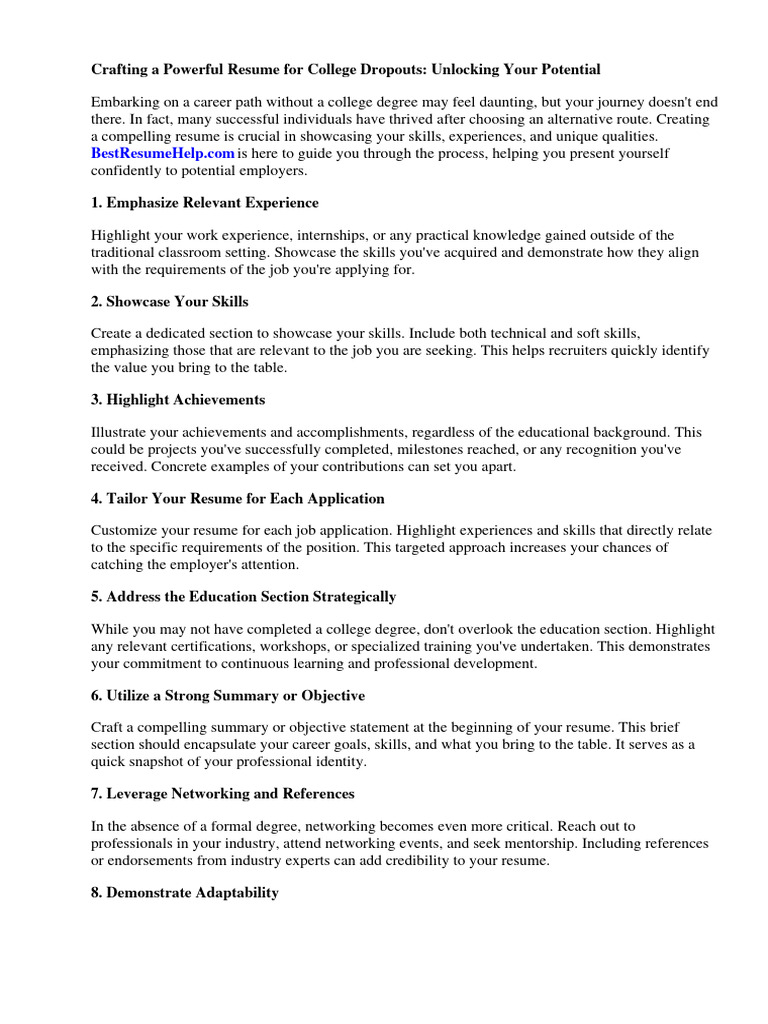 Resume For College Dropout | Download Free PDF | Résumé | Http Cookie