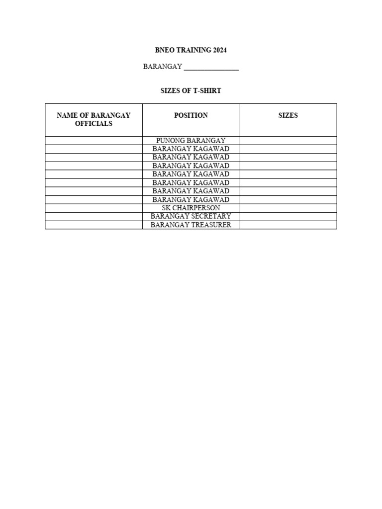 Bneo Training 2024 Sizes of Tshirt | PDF